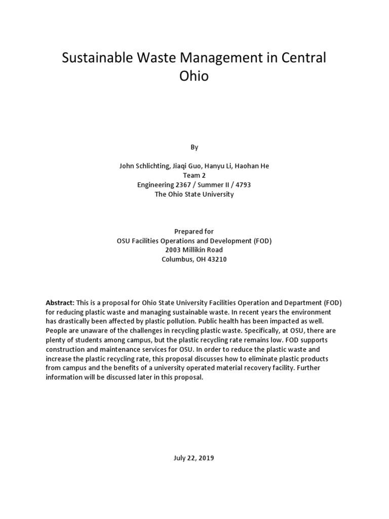 Engr 2367 Proposal Sustainable Waste Management - Group 2 Final 1 | PDF | Recycling | Waste