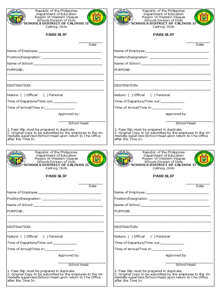 Pass Slip Pass Slip: Schools District of Calinog Ii Schools District of Calinog Ii | PDF | Business