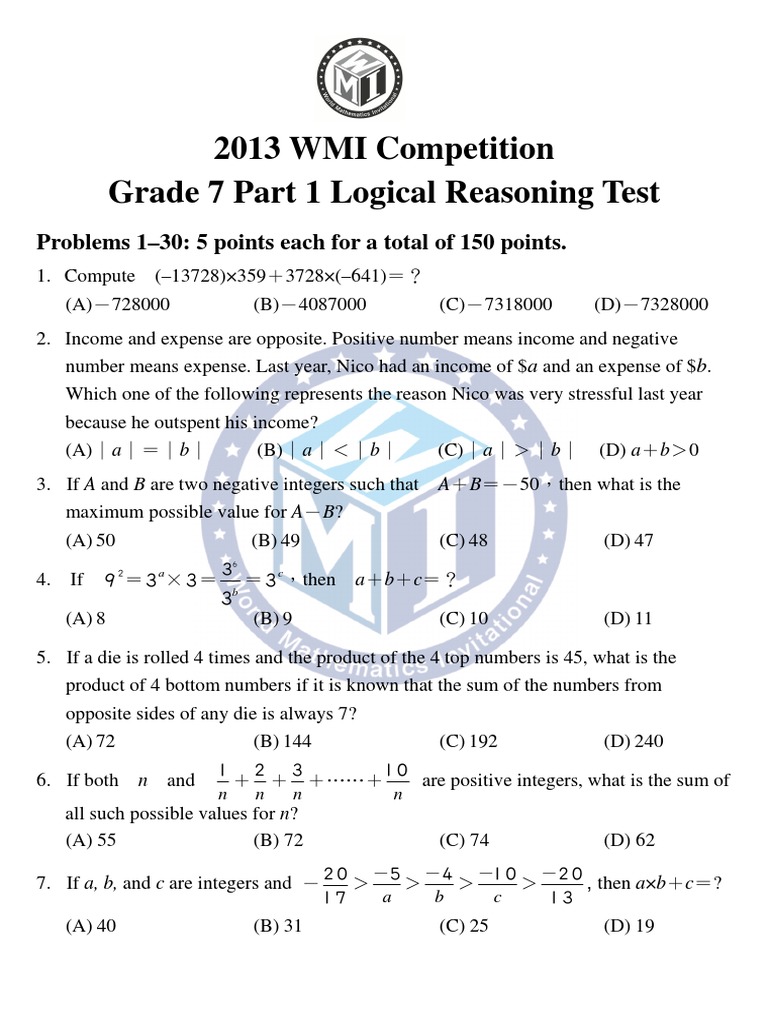2013 WMI Competition Grade 7 Part 1 Logical Reasoning Test: Problems 1 ...