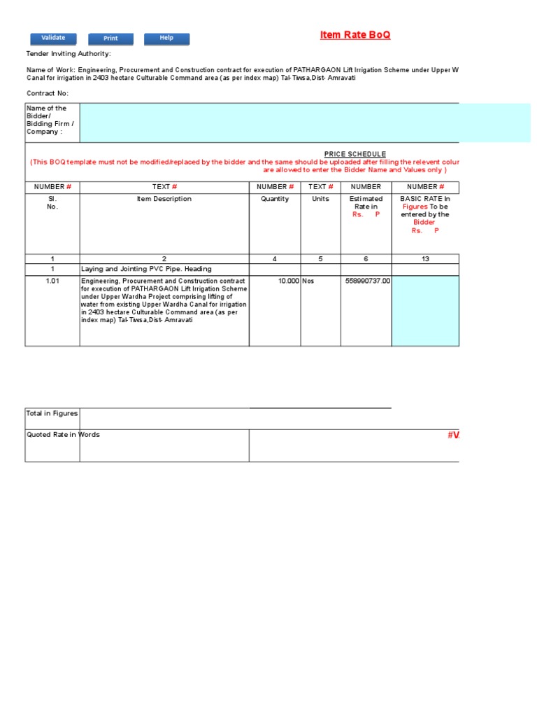 Item Rate Boq: Validate Print Help | PDF | Economies | Business