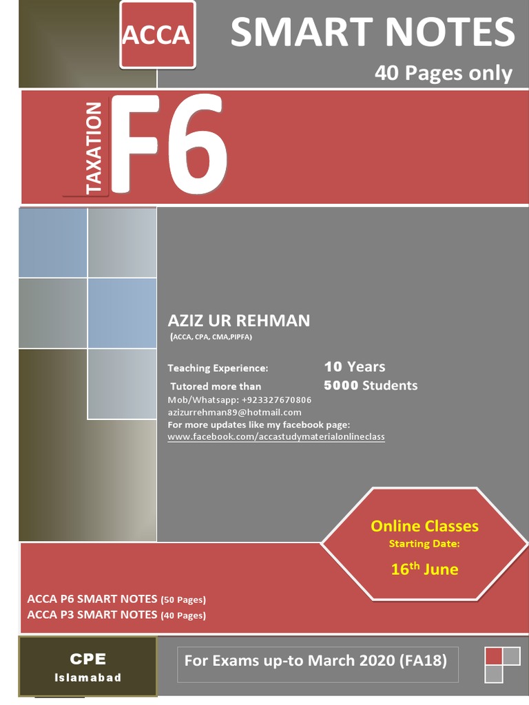 SMART Notes ACCA F6 (40 Pages) FA18 Upto March 2020 | PDF | Income Tax ...