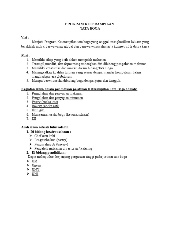 Program Keterampilan Tata Boga | PDF