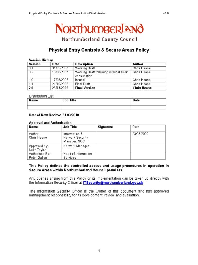 Physical Entry Controls & Secure Areas Policy | PDF | Physical Security ...