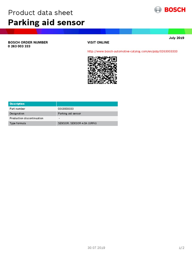 Bosch parking sensor product data sheet | PDF