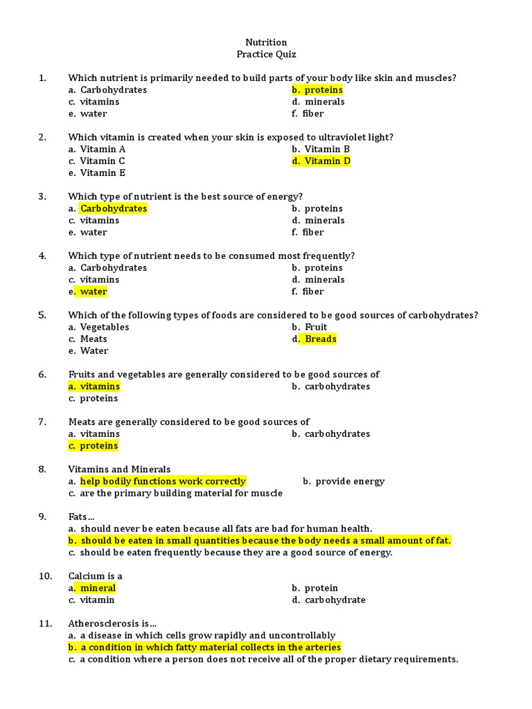 Practice Quiz Nutrition | PDF | Vitamin | Nutrients