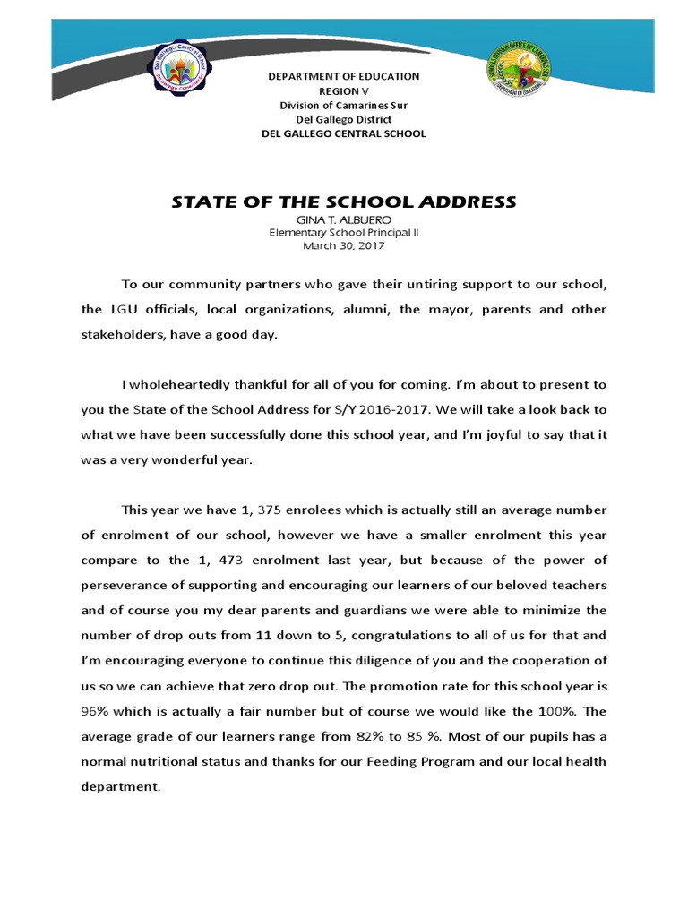 State of The School Address: Del Gallego Central School | PDF ...