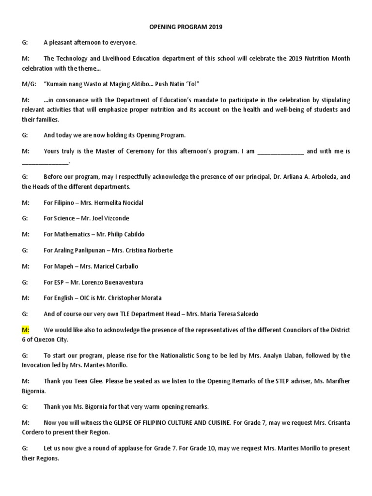 Culminating Activity Script Opening2019 | PDF | Foreign Language Studies