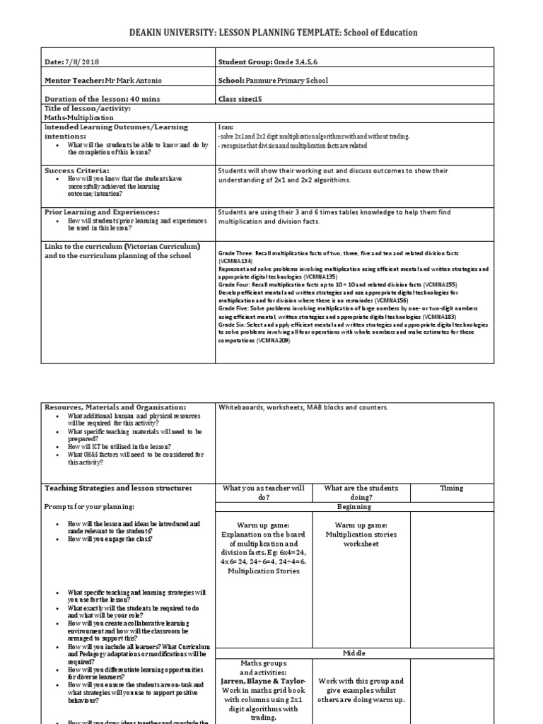 Grade 3-6 Multiplication Lesson Plan | PDF | Teachers | Mentorship