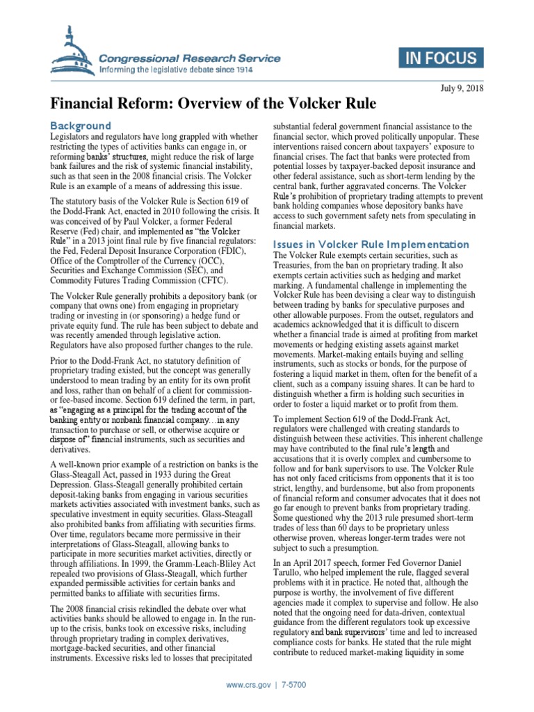 Financial Reform: Overview of The Volcker Rule: Background | PDF ...
