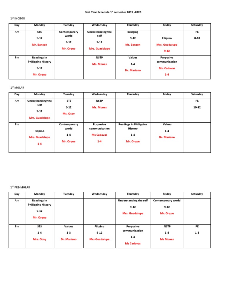 First Year Schedule 1st Semester 2019 | PDF