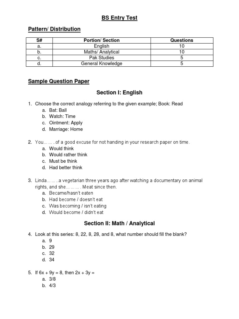 BS Entry Test Sample Questions | PDF
