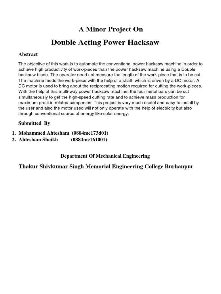 Double Acting Power Hacksaw: A Minor Project On | PDF