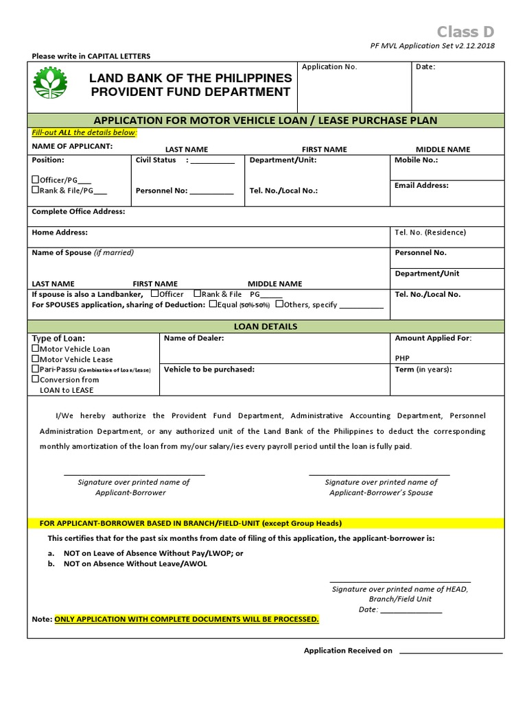 LBP Motor Vehicle Loan Application | PDF | Credit | Finance & Money ...