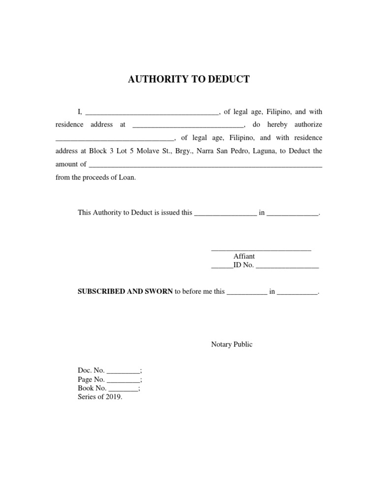 Authority to Deduct Authorization Form | PDF | Finance & Money Management