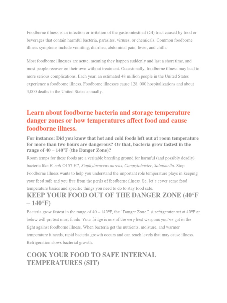 Learn About Foodborne Bacteria and Storage Temperature Danger Zones or ...