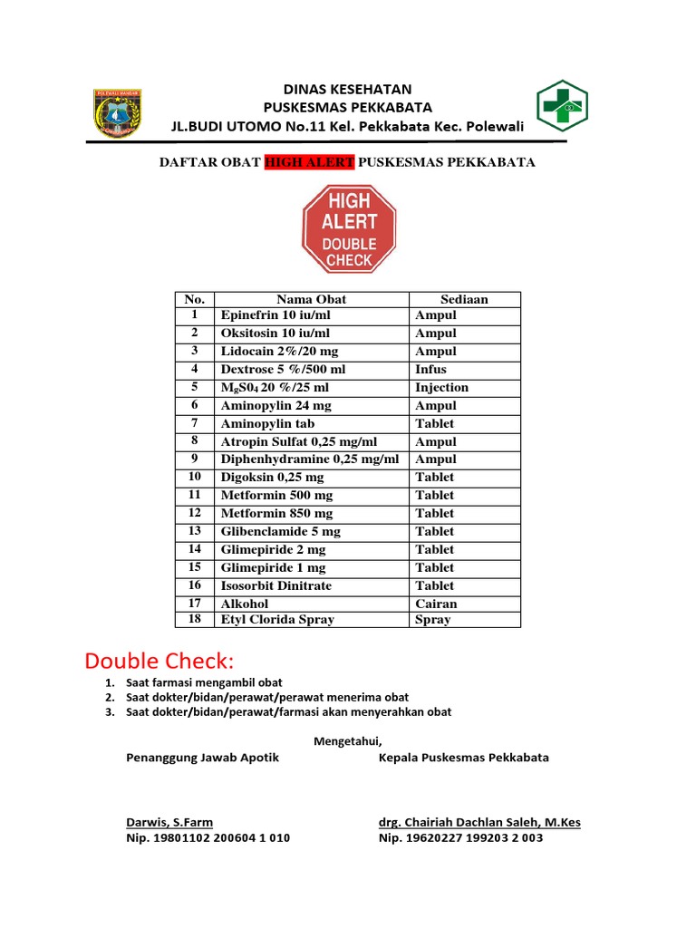 Daftar Obat High Alert Puskesmas Pekkabata | PDF