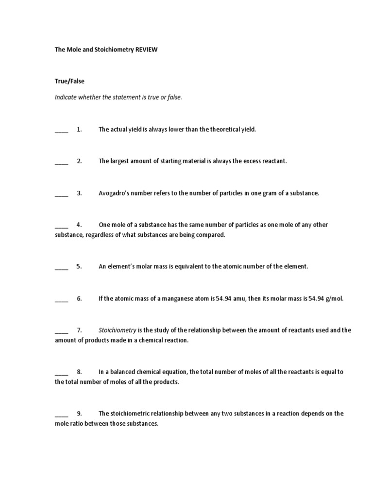 Mole and Stoichiometry Quiz Review | PDF | Mole (Unit) | Stoichiometry