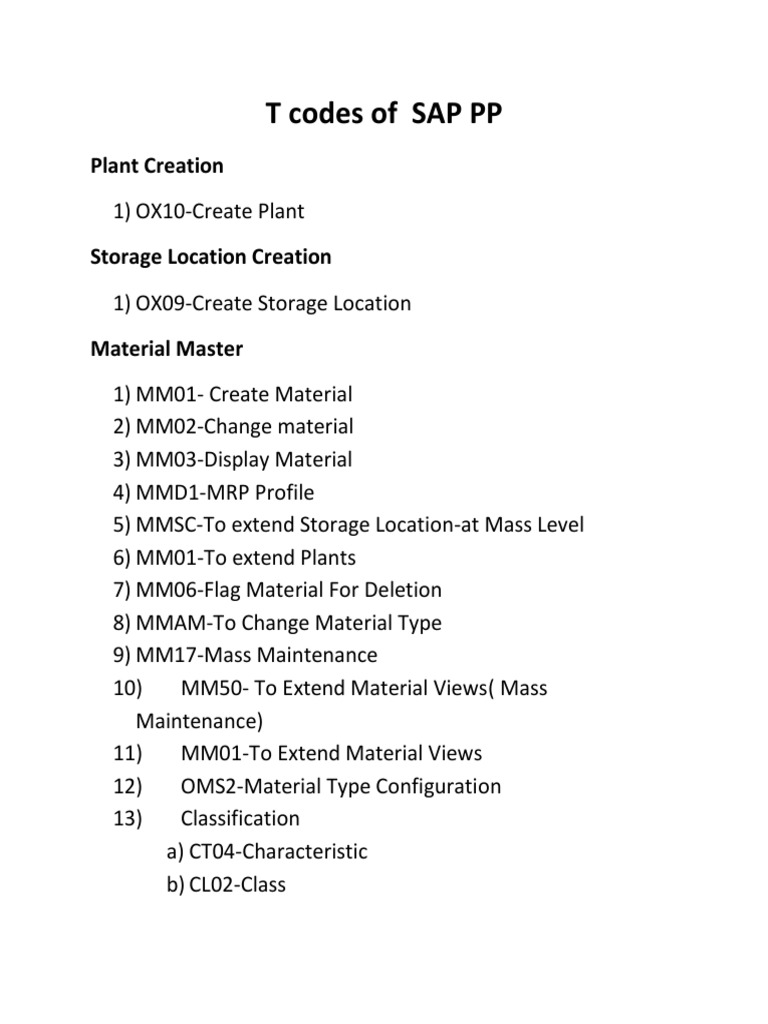 T Codes of SAP PP: Plant Creation | PDF | Business Process Management ...