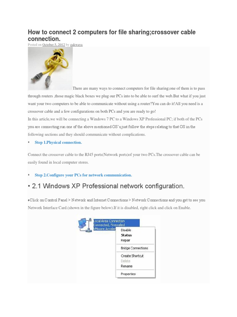 How To Connect 2 Computers For File Sharing Crossover Cable Connection ...