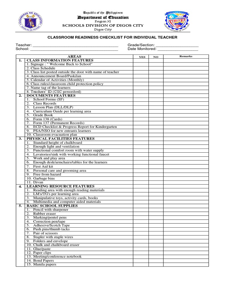 Classroom Readiness Checklist for Teachers | PDF | Classroom | Learning