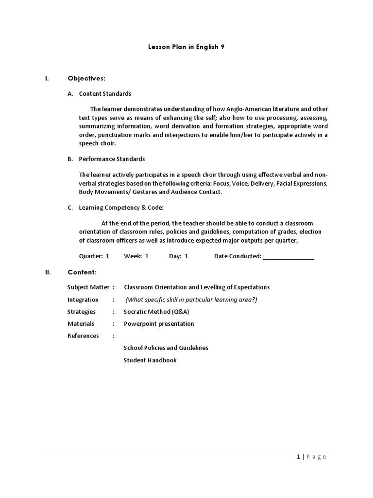 English 9 Quarter 1 | Lesson Plan | Teachers