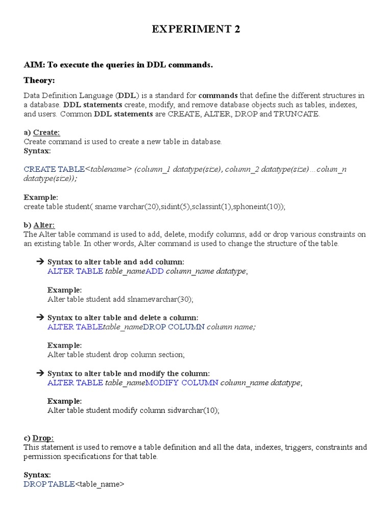 Experiment 2: AIM: To Execute The Queries in DDL Commands. Theory | PDF | Relational Database | Sql