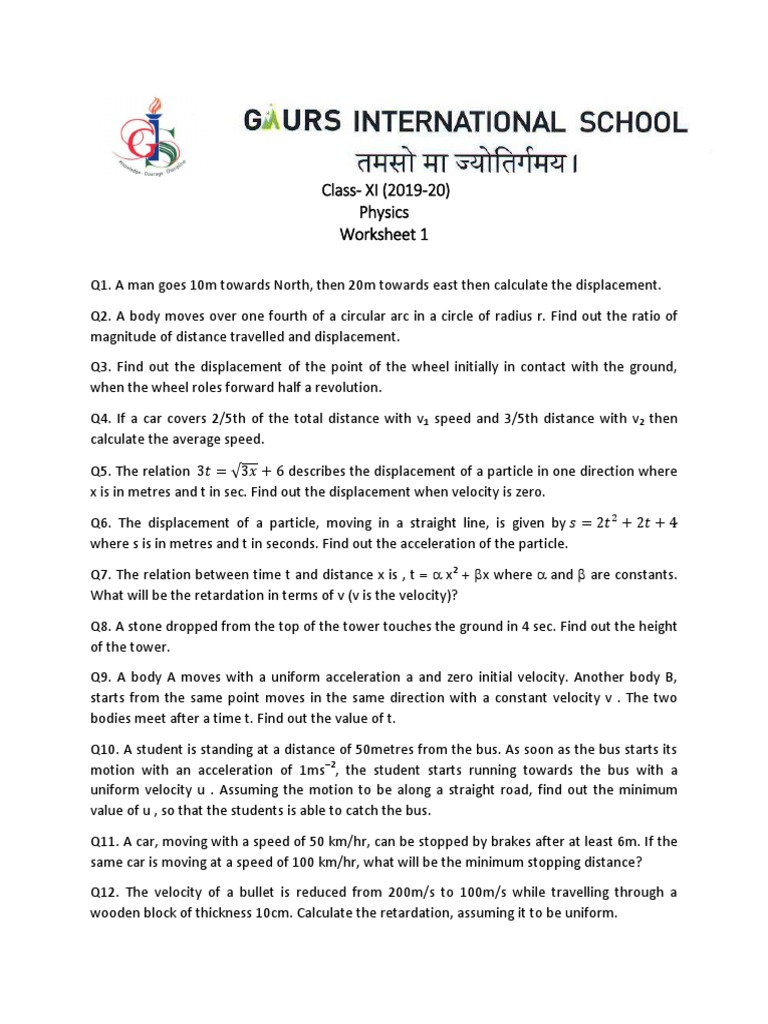 Class XI Physics Worksheet 1 | Download Free PDF | Acceleration | Velocity