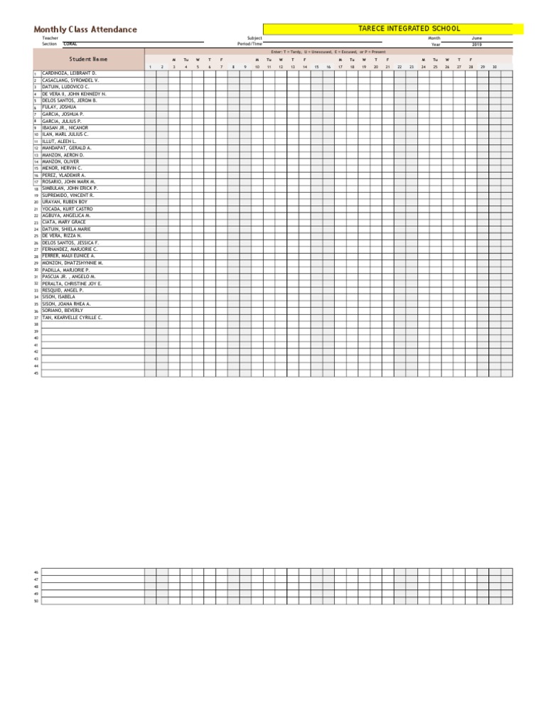 Monthly Class Attendance: Student Name | PDF