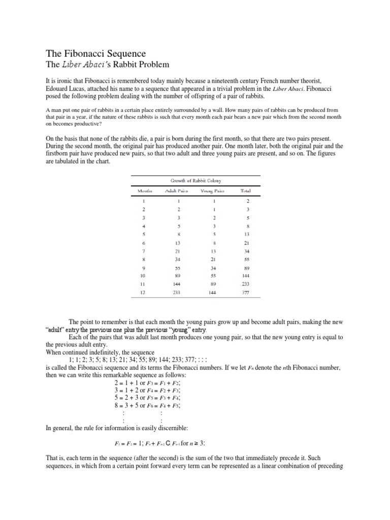 The Fibonacci Sequence: The Liber Abaci's Rabbit Problem | PDF | Sequence | Recursion