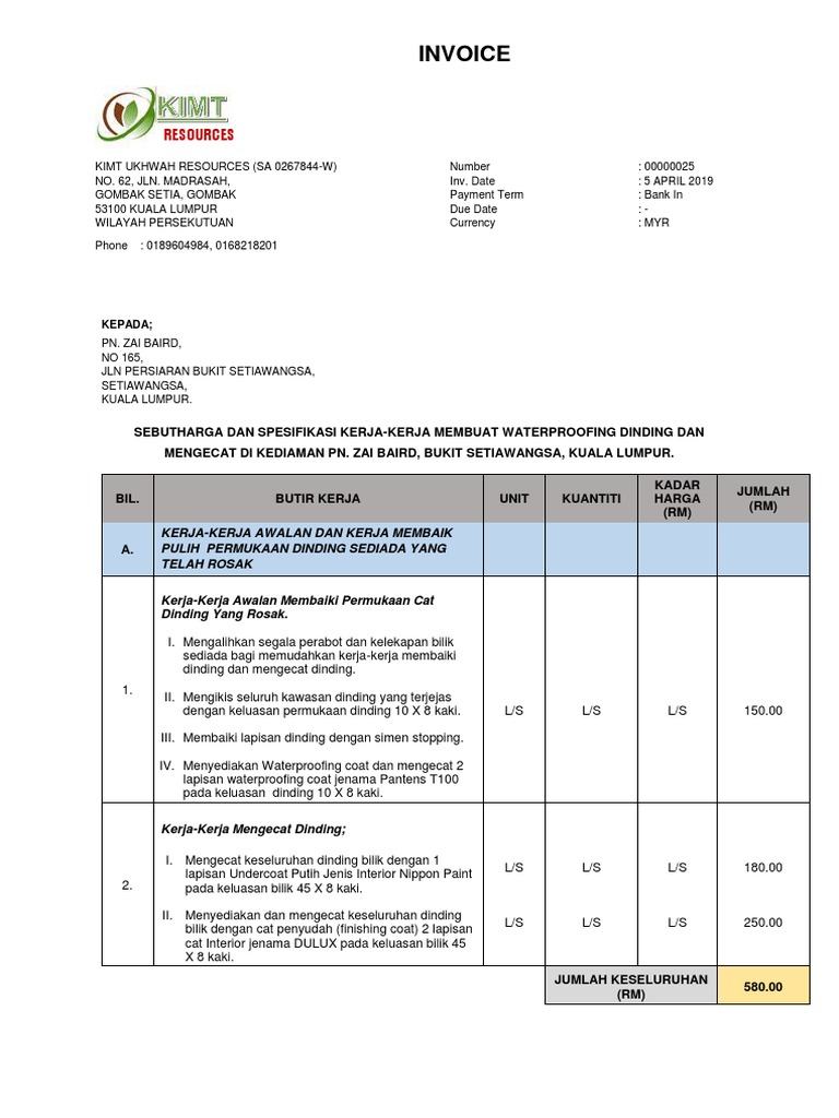 INVOICE Kerja Mengecat Bilik Rumah Kak Zai | PDF