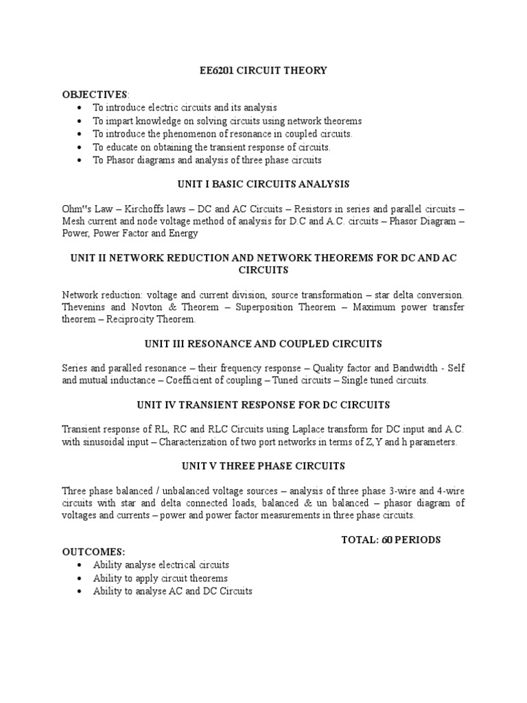 Ee6201 Circuit Theory | PDF | Network Analysis (Electrical Circuits) | Electrical Network