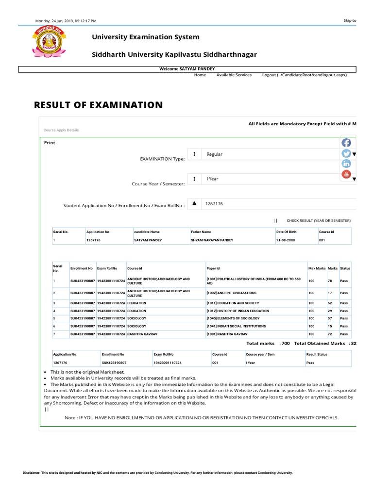 Result of Examination: University Examination System Siddharth ...