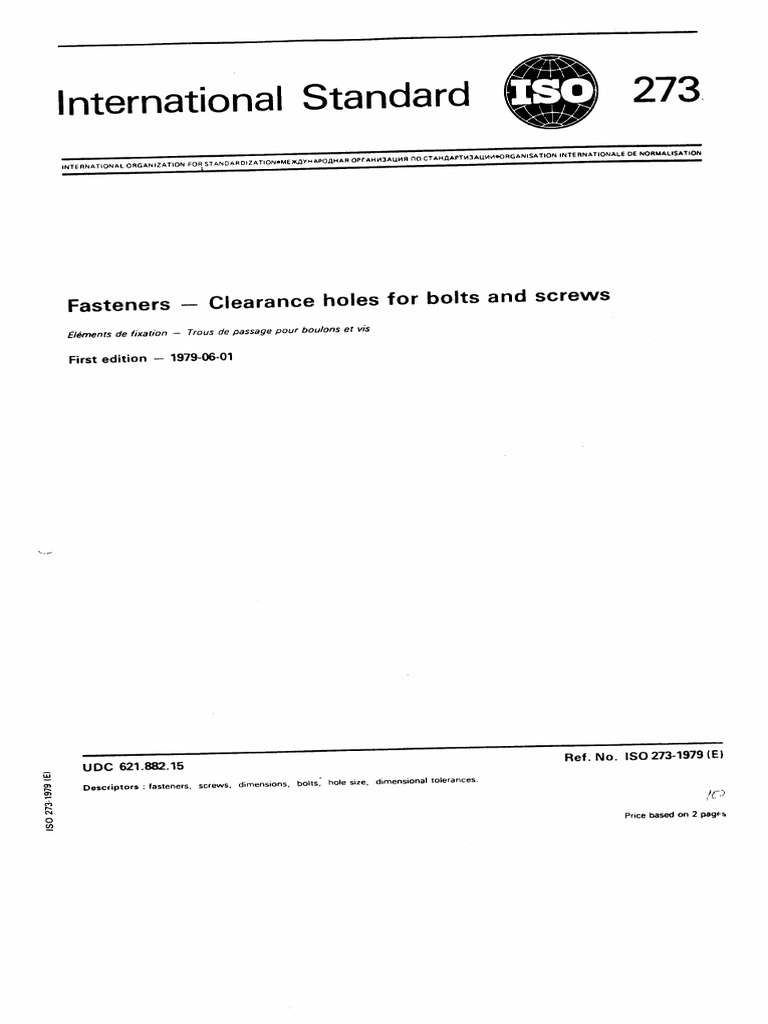 ISO 273.1979 - Fasteners - Clearance Holes For Bolts and Screws PDF | PDF