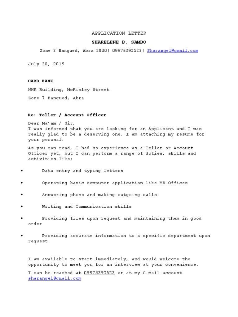 Bank Teller Application Letter | PDF