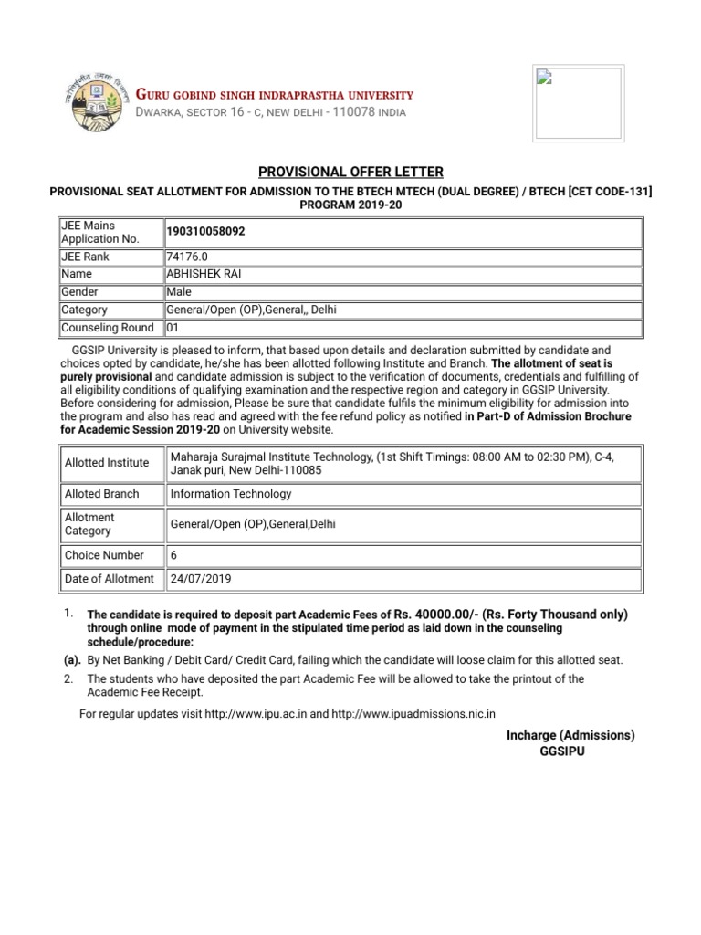 Provisional Offer Letter: URU Gobind Singh Indraprastha University ...