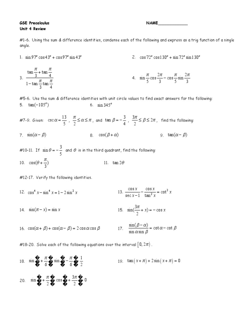 Precalculus Trig Identities Review | PDF | Trigonometric Functions ...