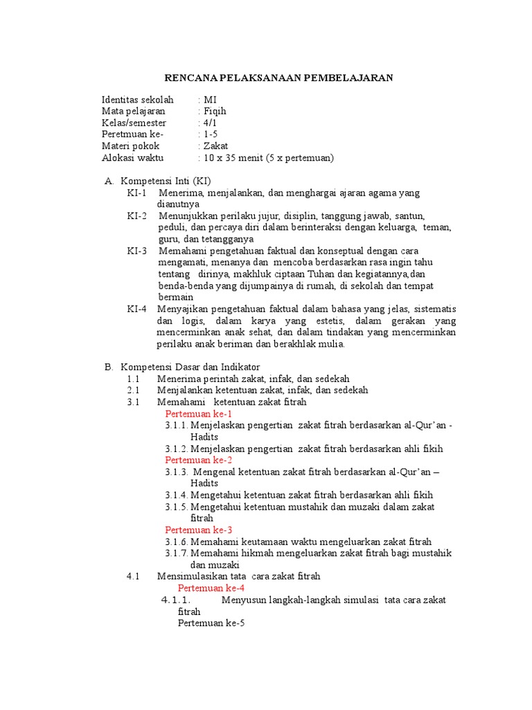 RPP K13 Fiqih Kelas 4 Semester 1 KD 1 Zakat | PDF | Karier & Perkembangan