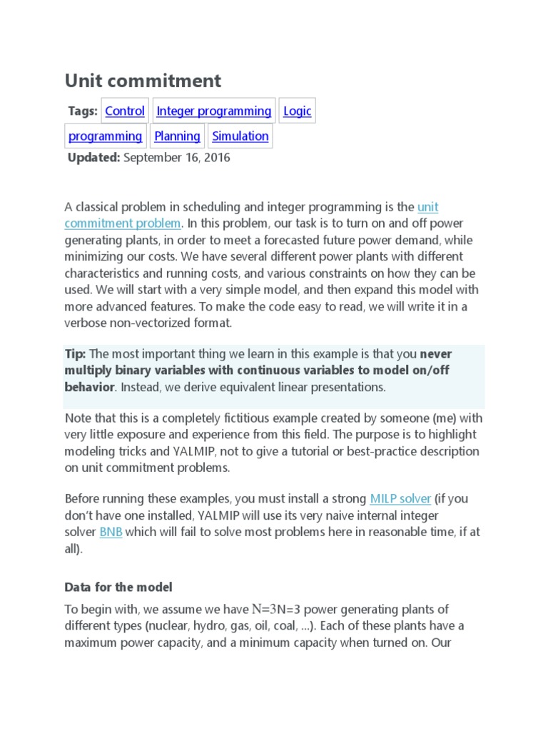 Unit Commitment Control Integer Programming Logic Programming Planning Simulation Pdf