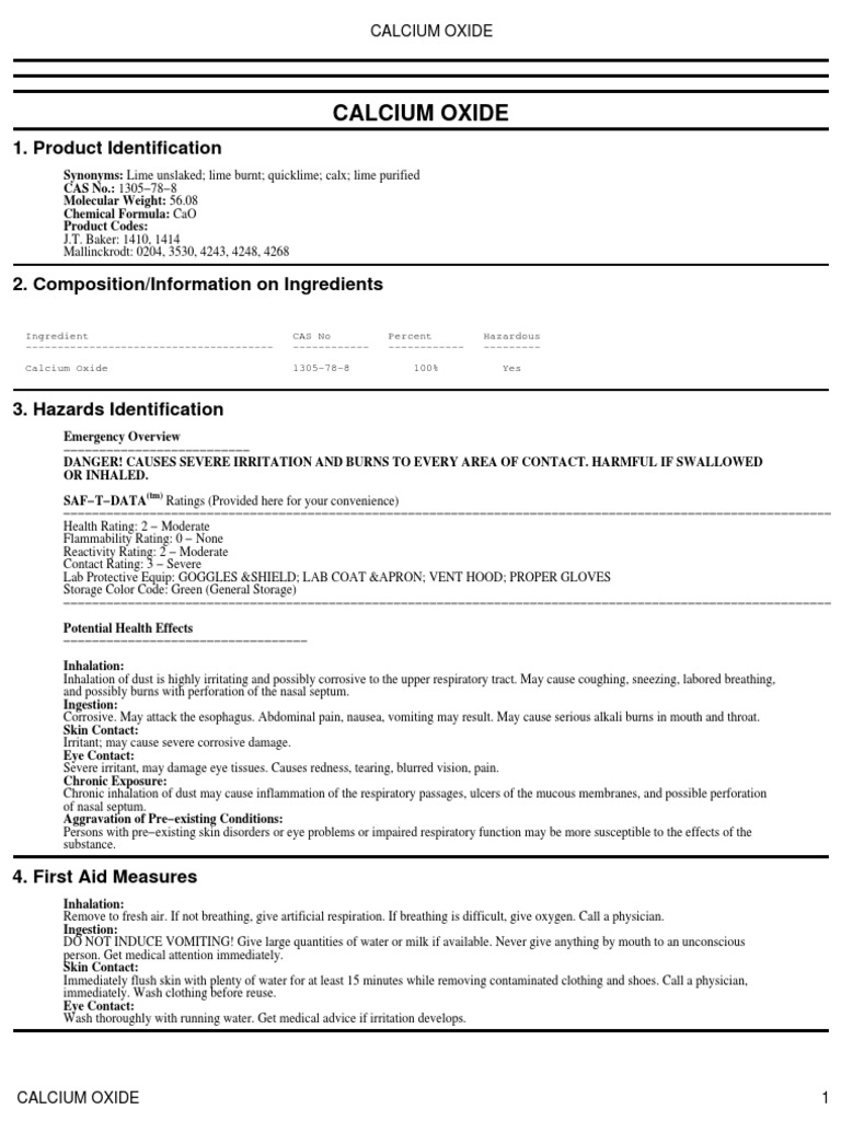 Calcium Oxide: 1. Product Identification | PDF | Fires | Water