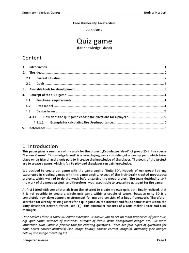 Serious Games Quiz Engine Summary | PDF | Software Development | Software