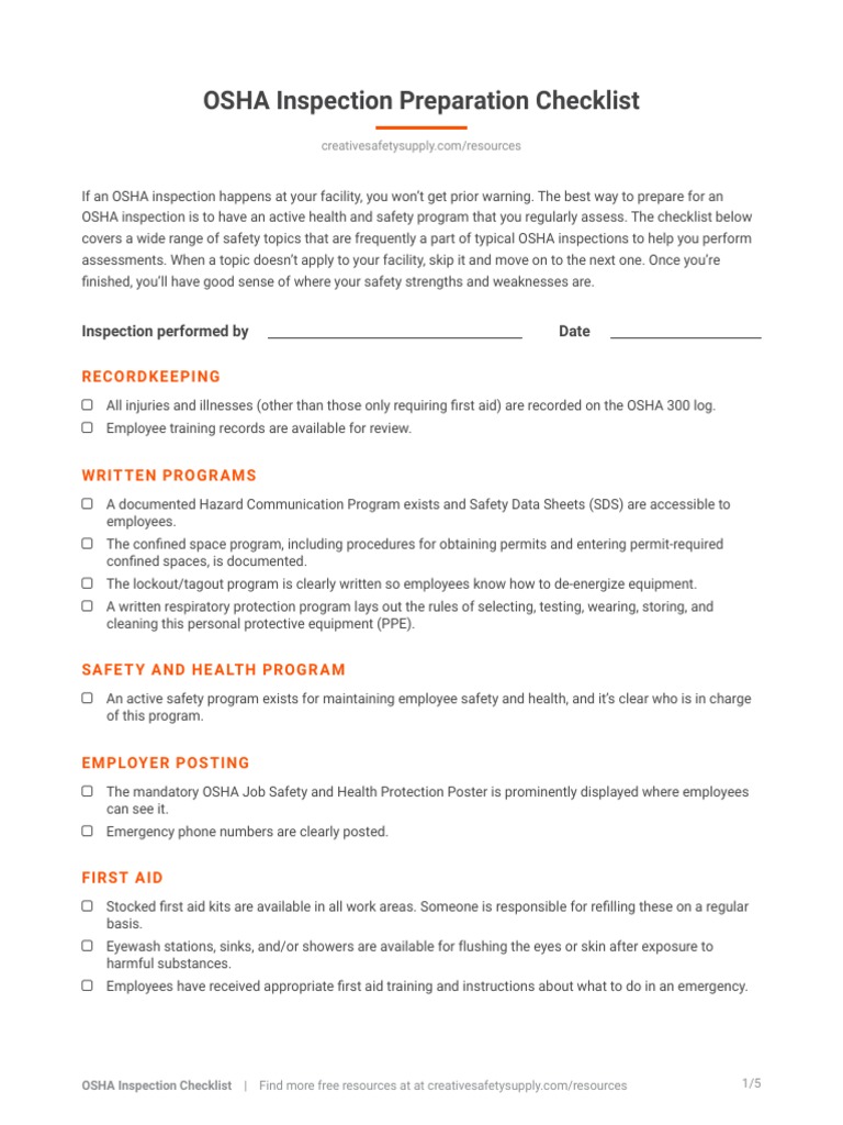 OSHA Inspection Preparation Checklist: Inspection Performed by Date ...