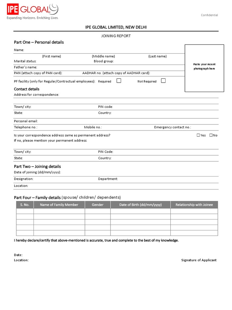 Joining Report for IPE Global Employees | PDF