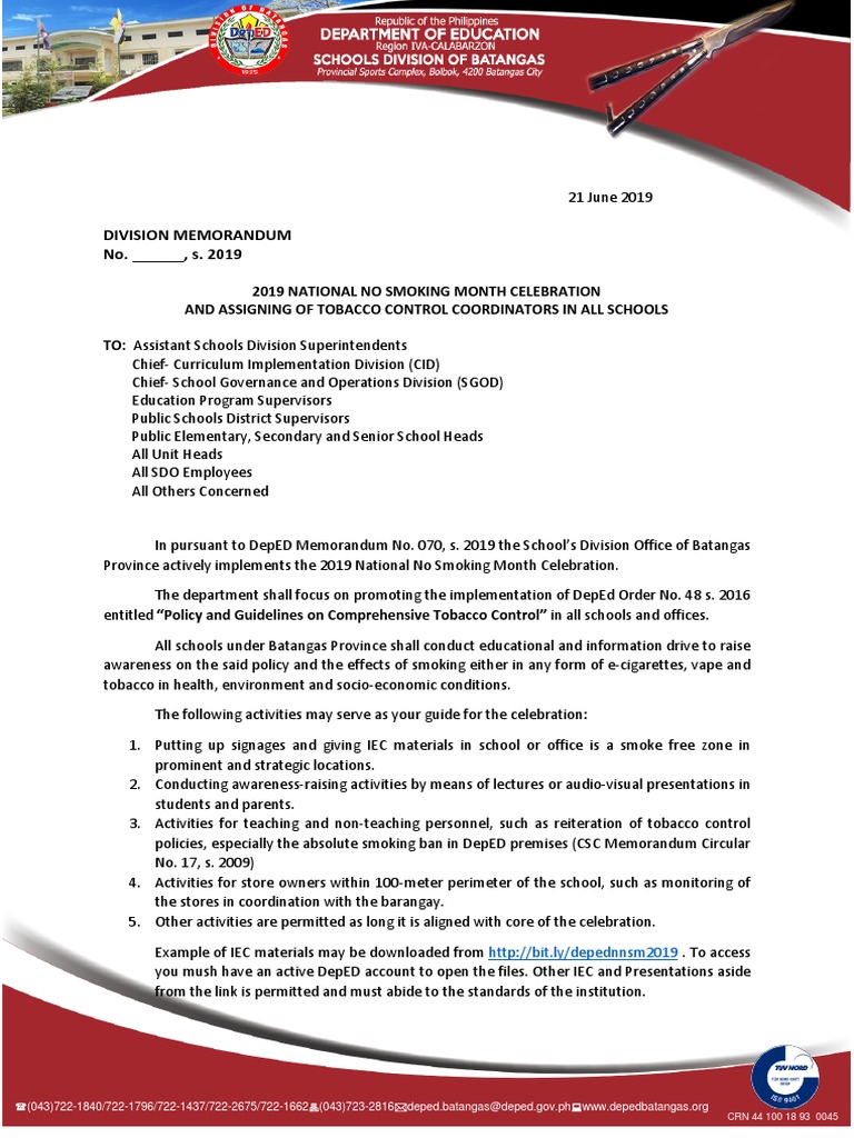 MEMO 2019 No Smoking Month | PDF | Public Sphere | Business