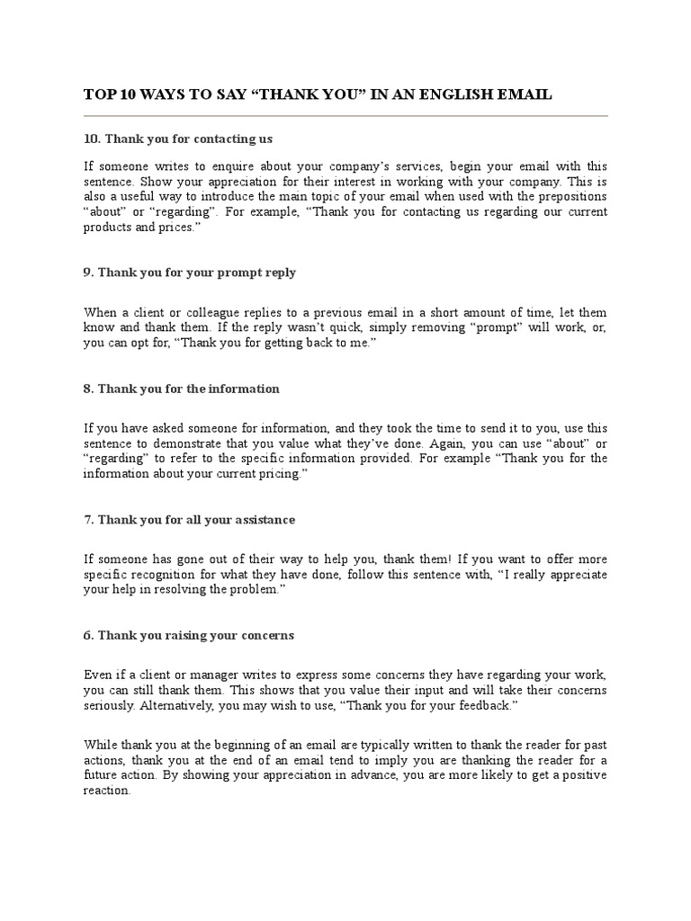 Top 10 Ways To Say 'Thank You' in An Email Reply | PDF | Information ...