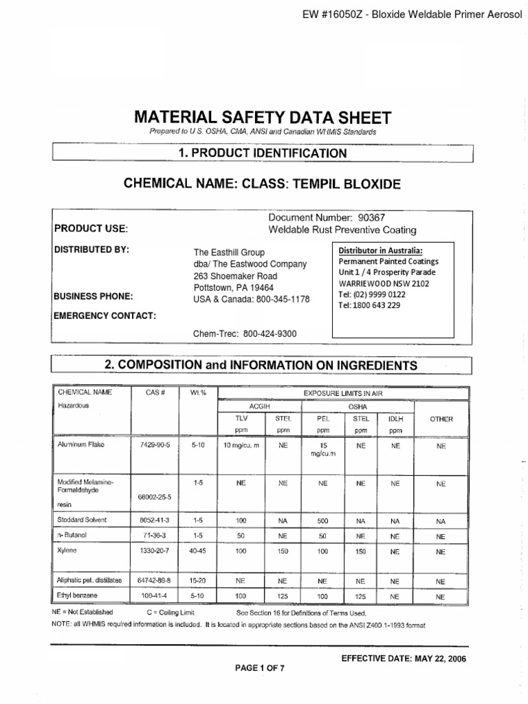 Msds Bioxide Weldabel Primer Aerosol | PDF | Toxicity | Dangerous Goods