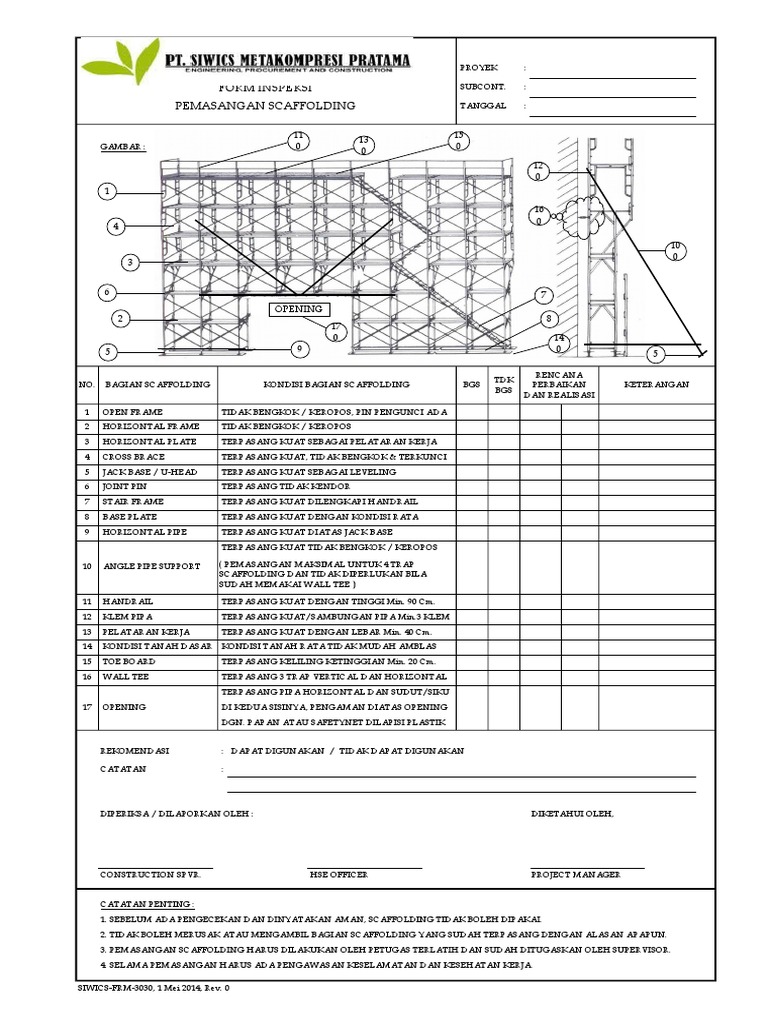 Form Inspeksi Pemasangan Scaffolding | PDF