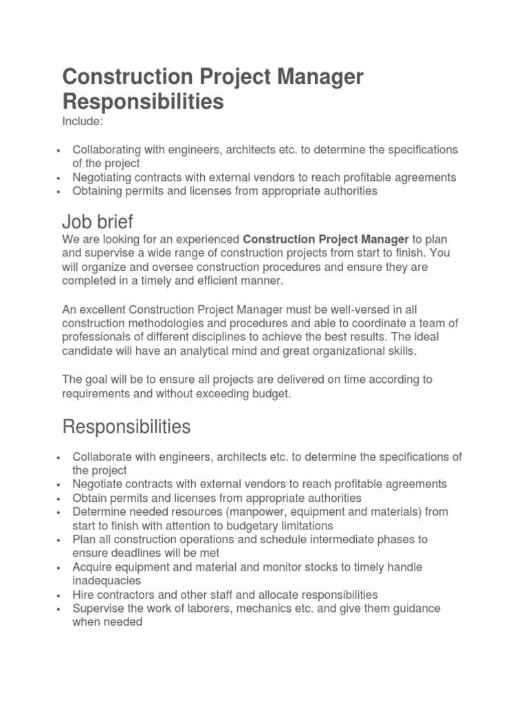 Construction Project Manager Responsibilities | PDF
