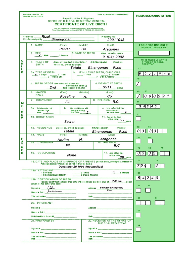 Certificate of Live Birth Form - Philippines | PDF | Birth Certificate ...