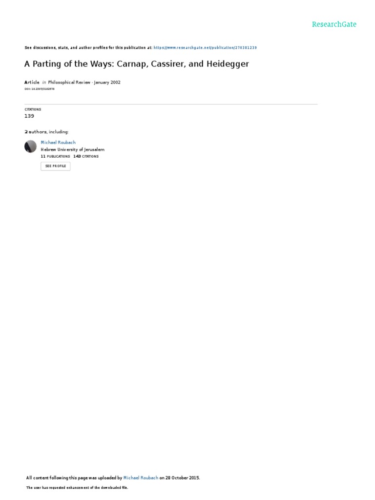 A Parting of The Ways Carnap Cassirer and Heidegge | PDF | Martin ...