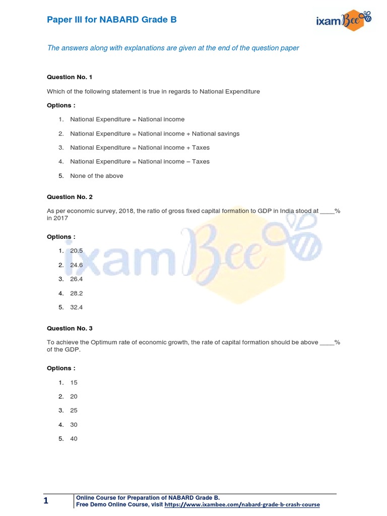 Paper III For NABARD Grade B: The Answers Along With Explanations Are ...